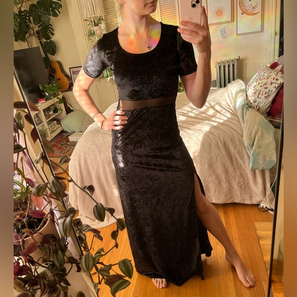 Lulus | Dresses | Black Velvet Slitted Maxi Dress With Mesh Midriff ...
